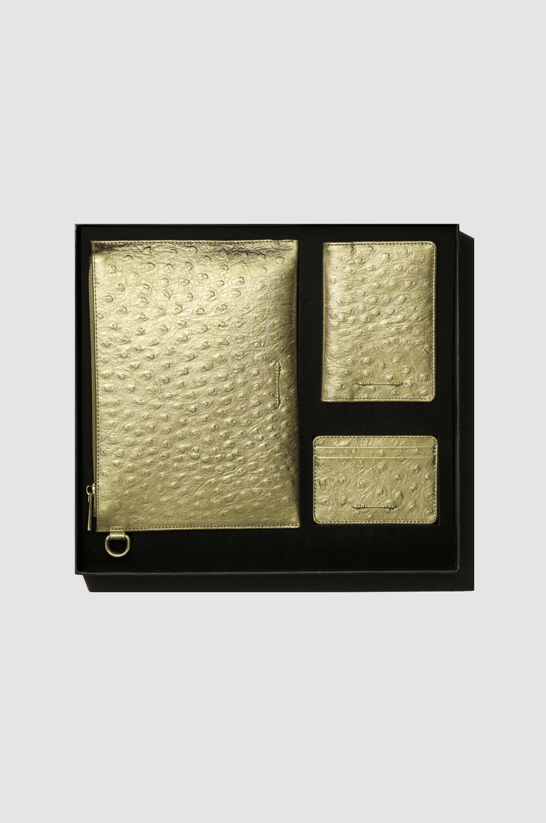 Travel Set - Gold Ostrich - Designer Travel Set | OKHTEIN Official Store