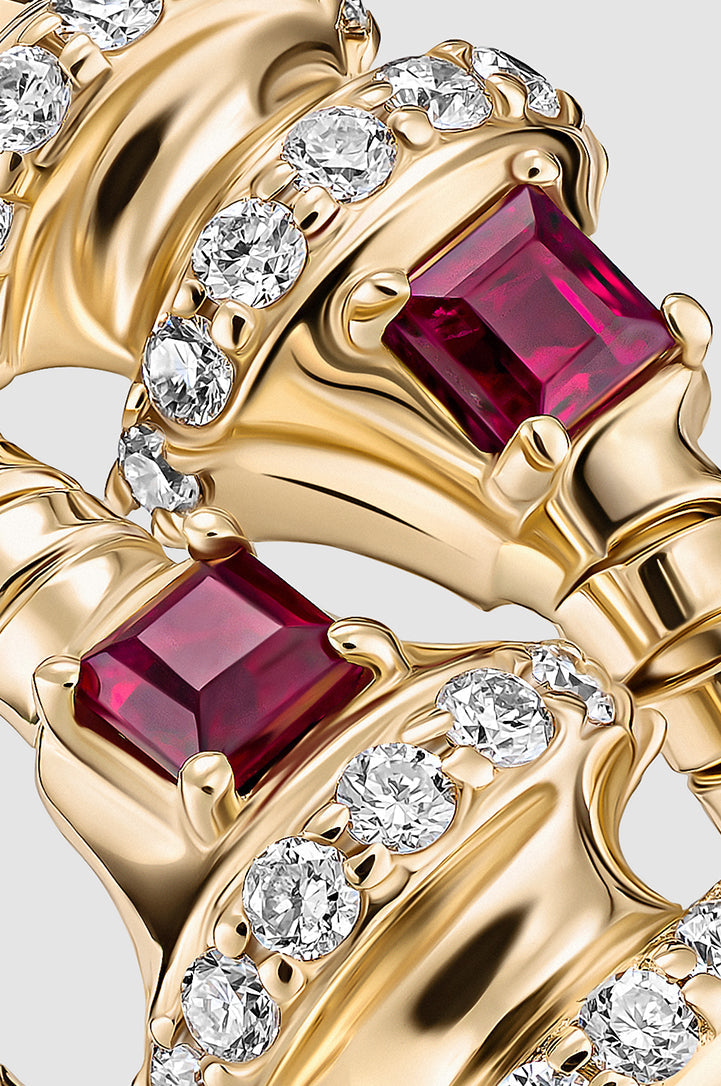 Swirly Snake Rod Ring - 18k Gold, Ruby Stones and Diamond - Designer ...