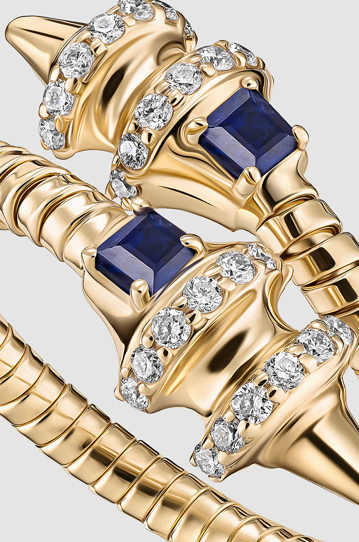 Swirly Snake Rod Ring - 18k Gold, Sapphire and Diamonds - Designer Ring ...